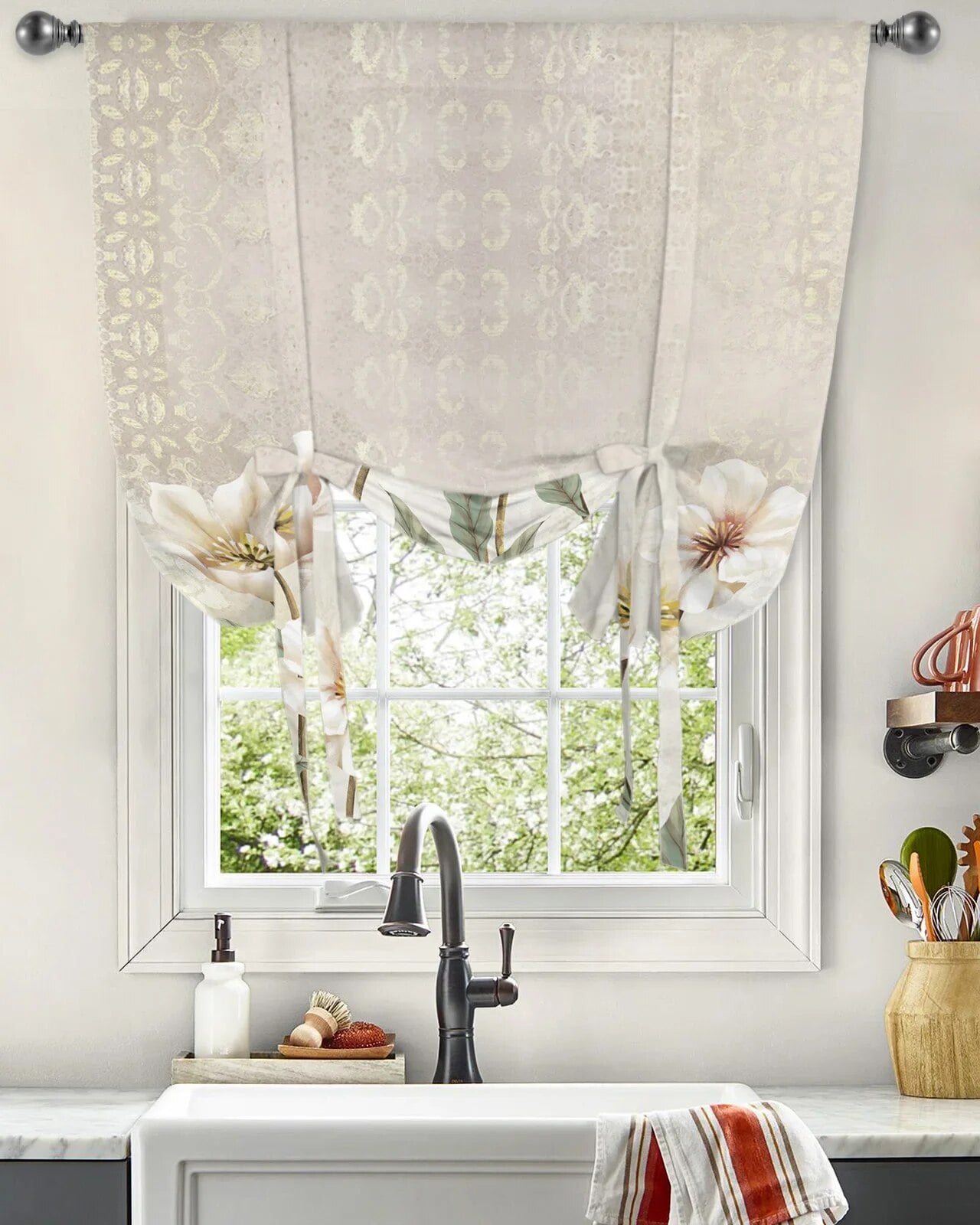 Vintage Flowers Window Curtain for Living Room Kitchen Tie-up Roman ...