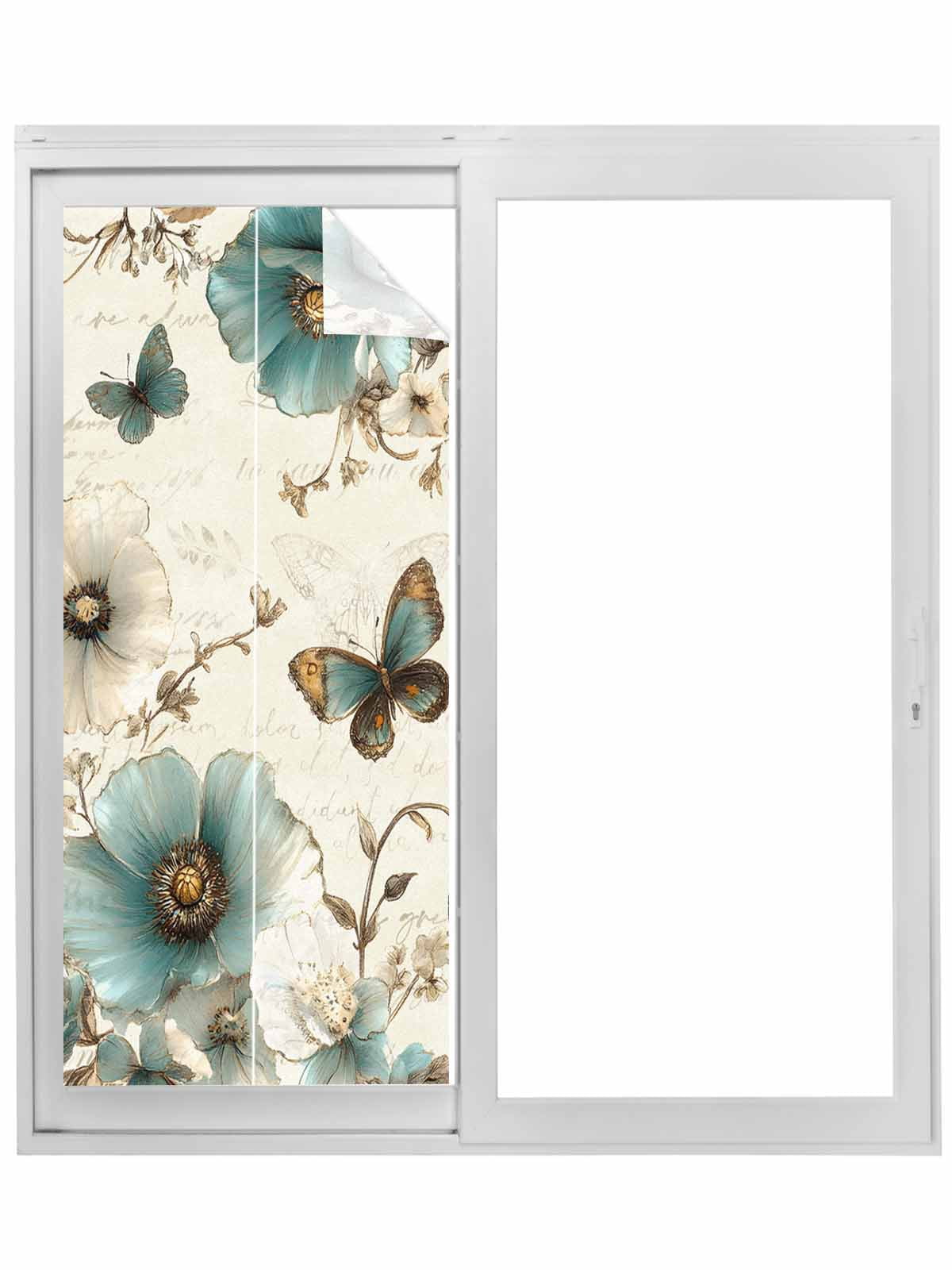 Vintage Flowers Window Privacy Film, Spring Floral Teal Tulip Butterfly ...
