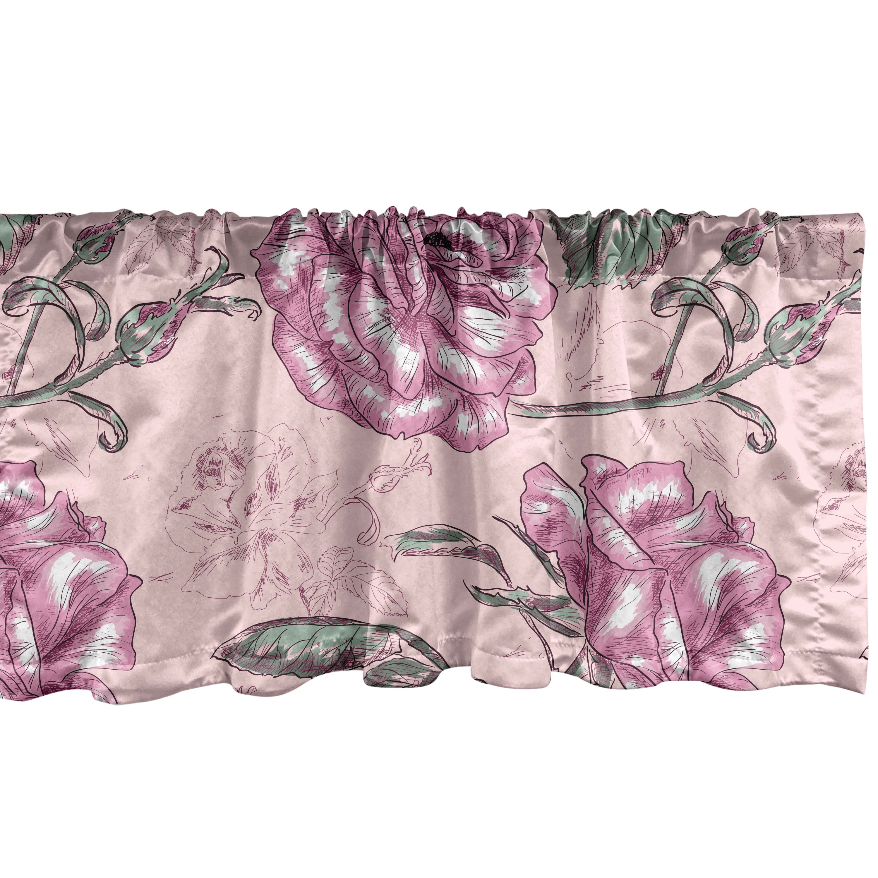 Vintage Flowers Window Valance, Sketch Style Blooming Rose Floral ...