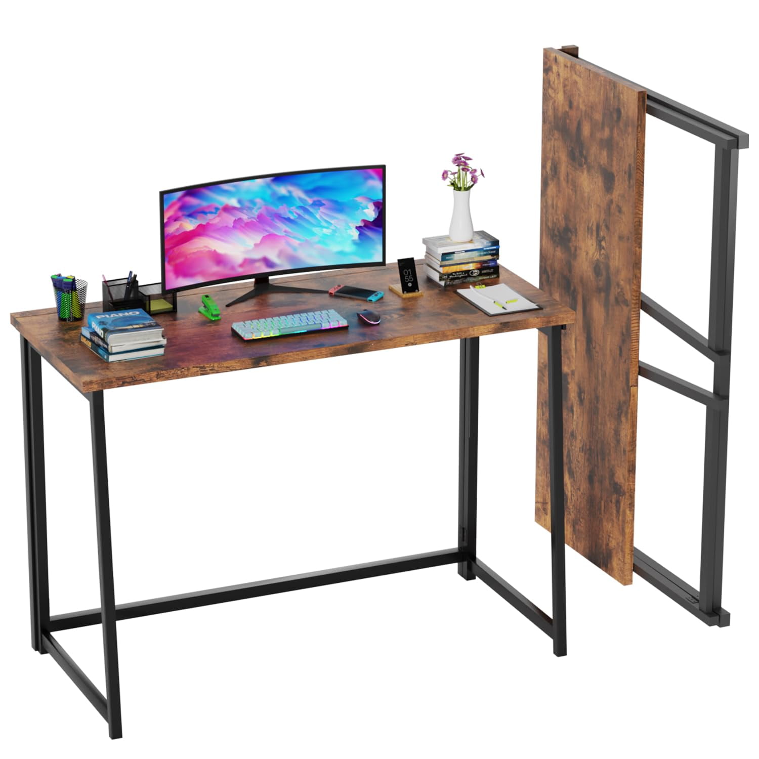 Vintage Foldable Computer Desk 42 Inch, Space Saving Design with 15mm ...