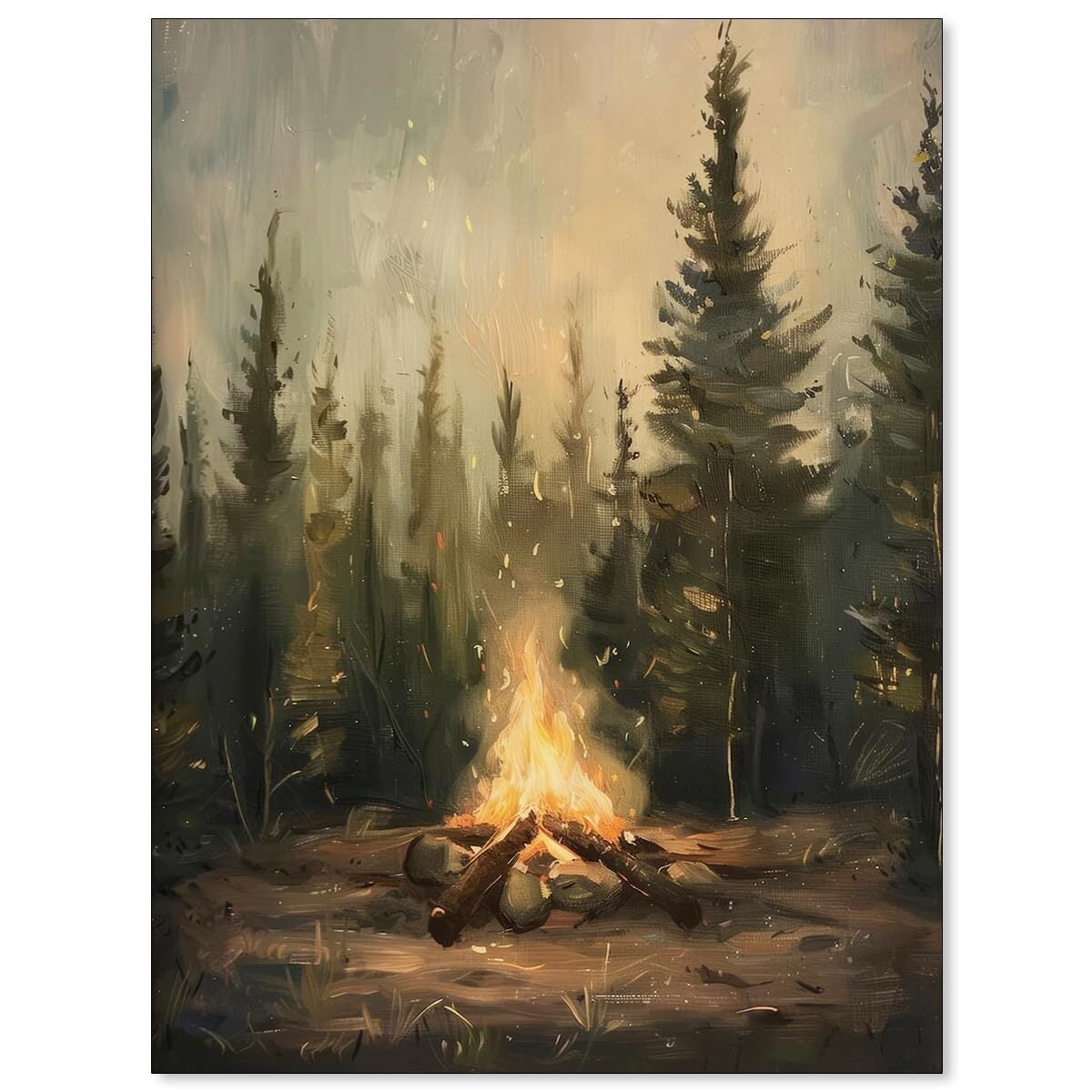 Vintage Forest Rustic Campfire Canvas Wall Art Moody Pine Tree Room ...