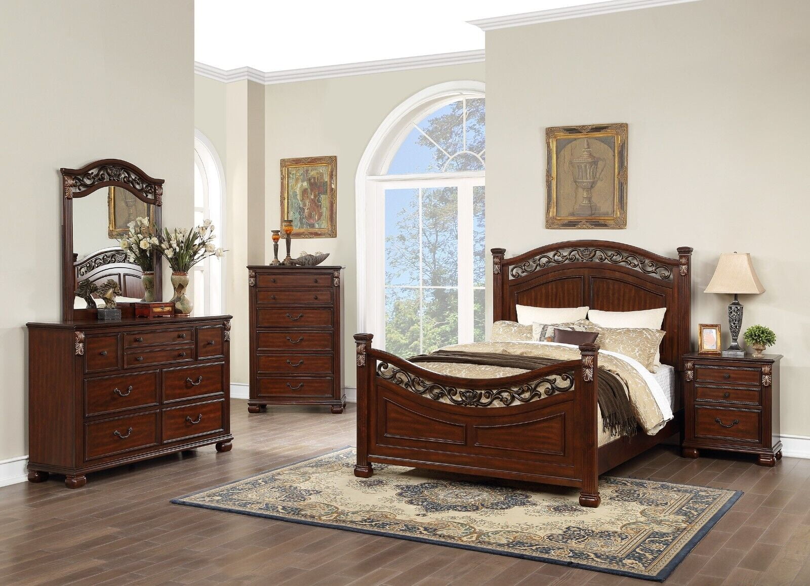 Vintage Formal Brown 6pc Bedroom Set Queen Size Bed Dresser Mirror ...