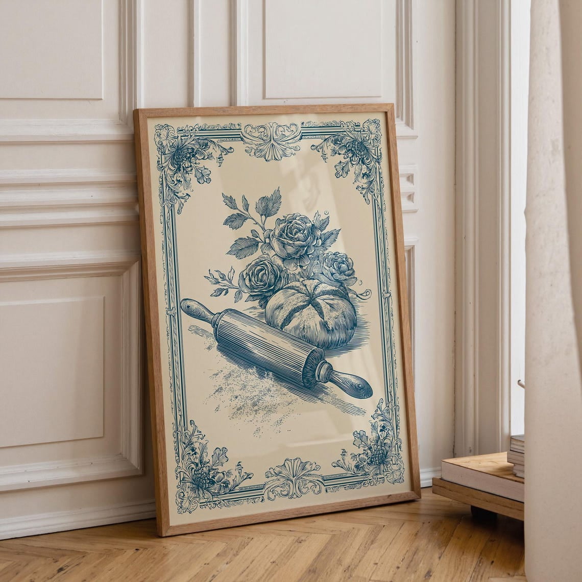 Vintage French Blue Toile Baking Rustic Kitchen Wall Art, Stretched ...