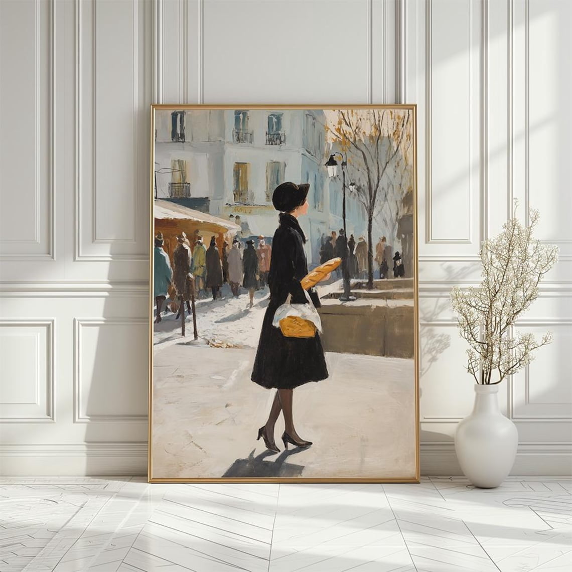 Vintage French Woman with Baguette Poster, Elegant Paris Street Scene ...