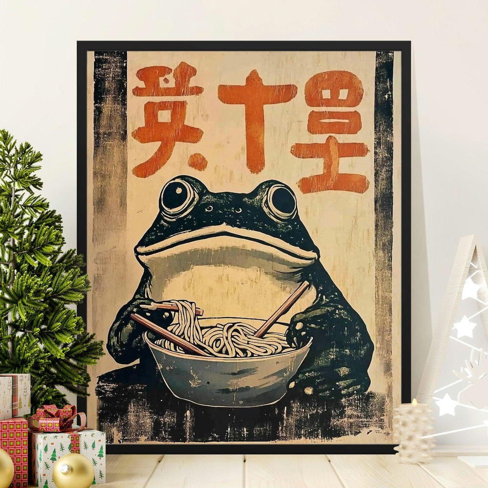 Vintage Frog Poster Eating Ramen Noodles Wall Art, Fun Japanese Cuisine Decor, Retro Home ...