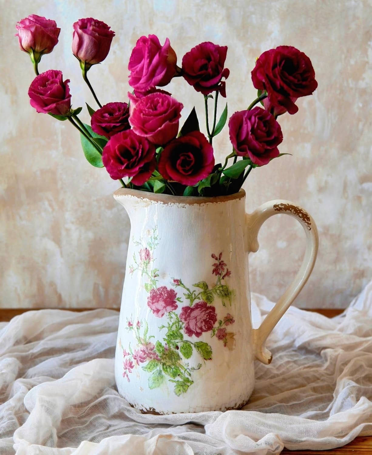 Vintage Fruit and Floral Ceramic Vase with Handle, Retro Ice Glazed ...