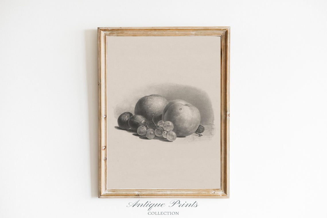 Vintage Fruit Sketch Art, Country Kitchen Decor, Vertical Still Life ...