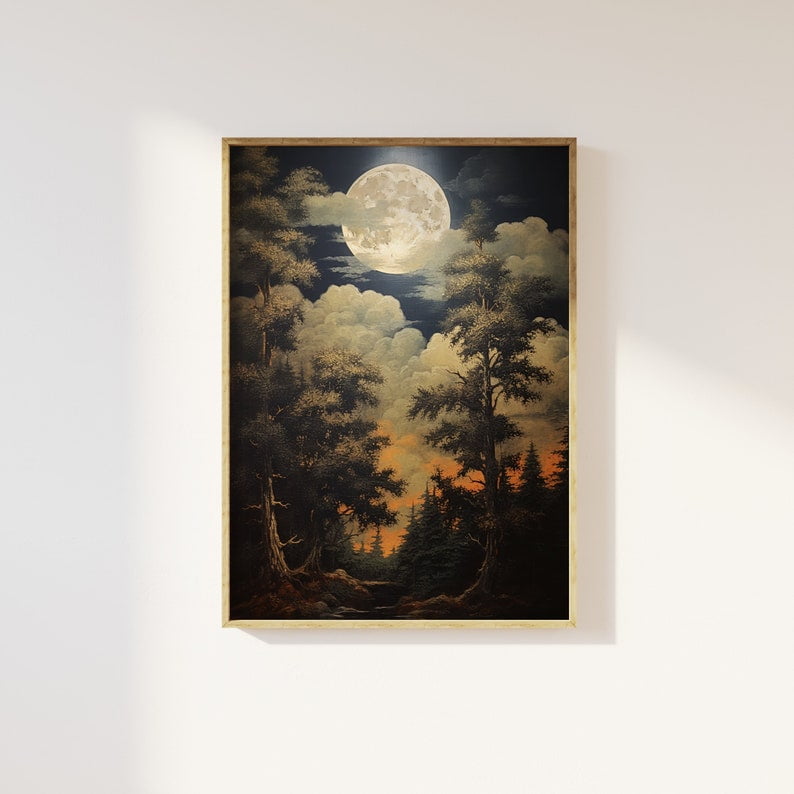 Vintage Full Moon Through Trees - Nostalgic Dark Academia Celestial Art ...