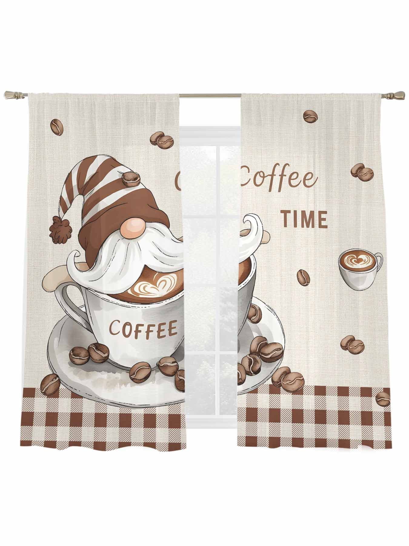 Vintage Funny Gnome Sheer Curtains 63 Inch Long 2 Panels, Coffee Time ...