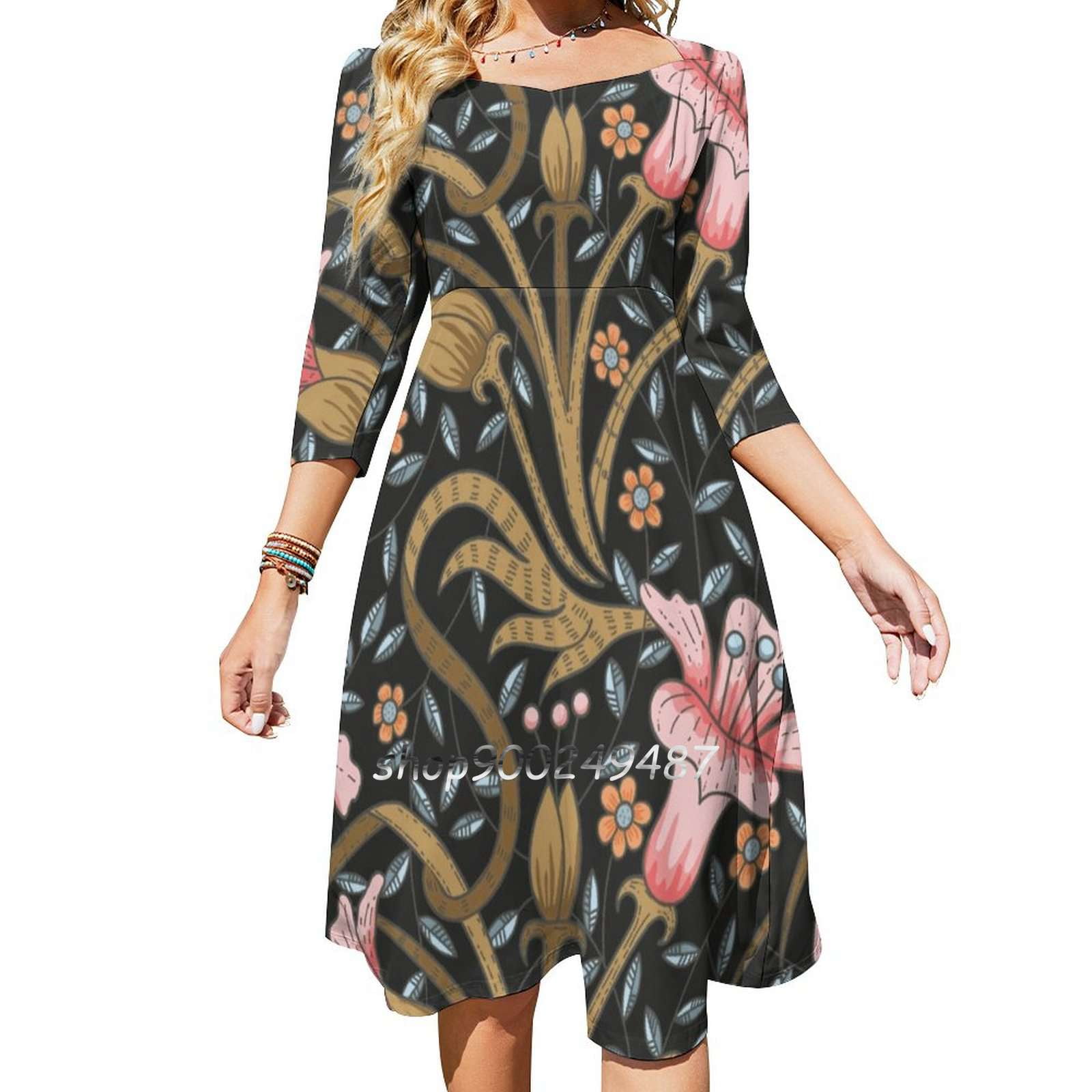 Vintage Garden Bush Square Neck Dress New Plus Size Elegant Women Waist ...