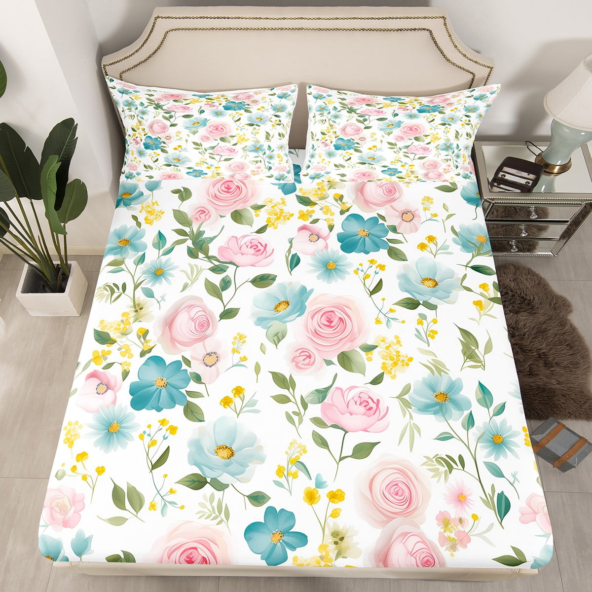 Vintage Garden Flower Bed Sheets Queen Size,Pink Blue Plant Fitted ...