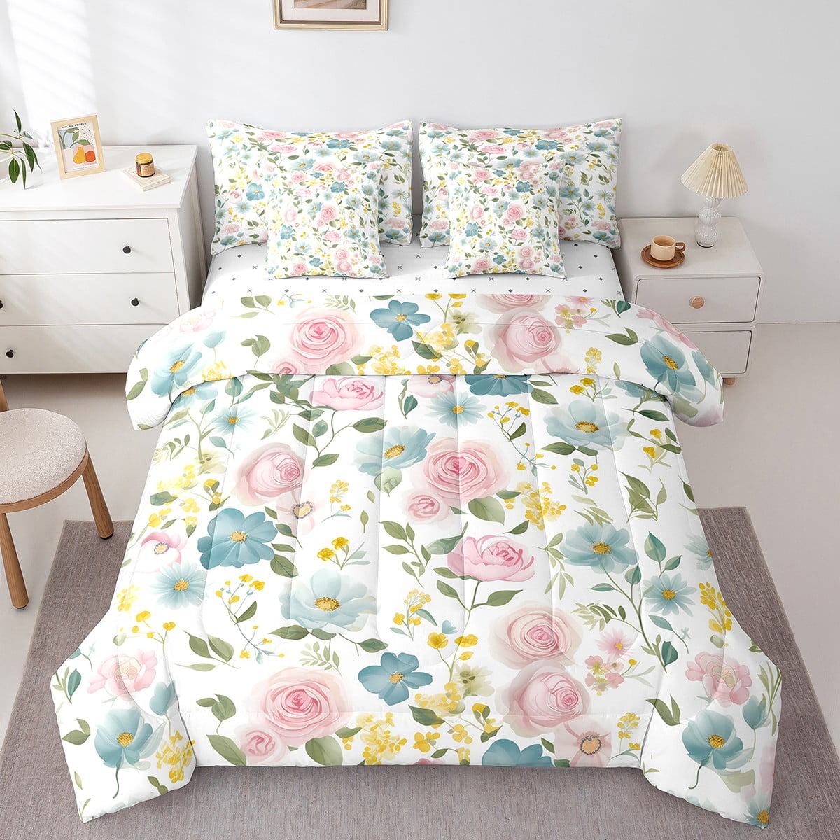 Vintage Garden Flower Bedding Set,Botanical Floral Leaf Queen Comforter ...