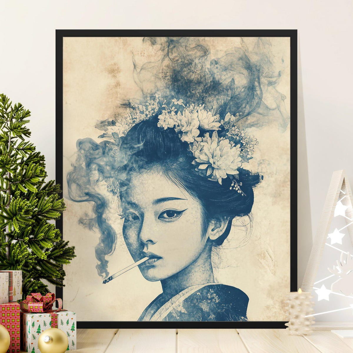 Vintage Geisha Smoking Poster Print, Japanese Art Smoke Aesthetic Wall ...