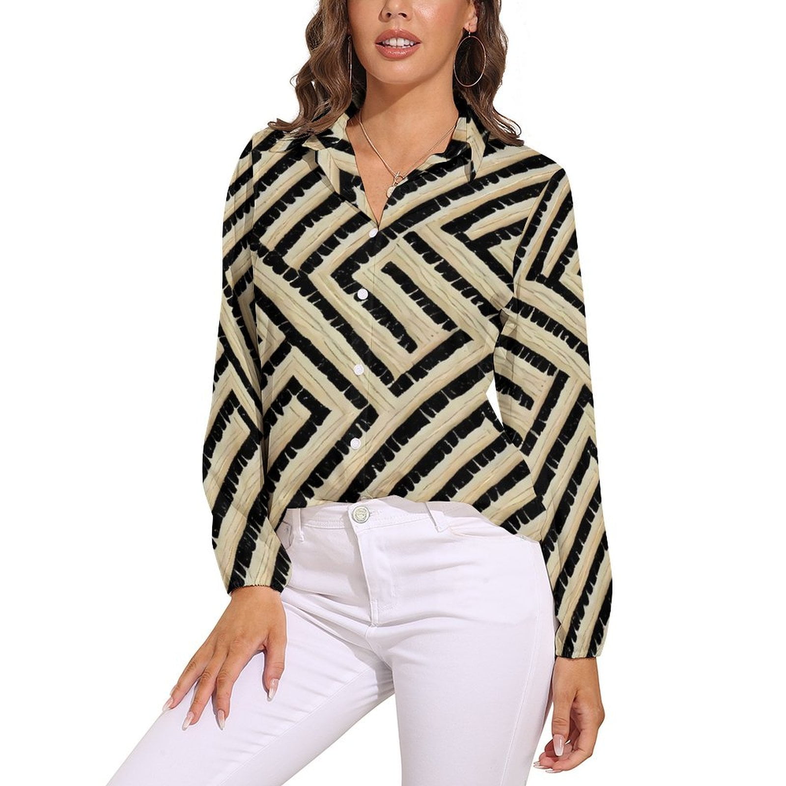 Vintage Geometric Blouse Long Sleeve Gold Lines Print Office Work ...