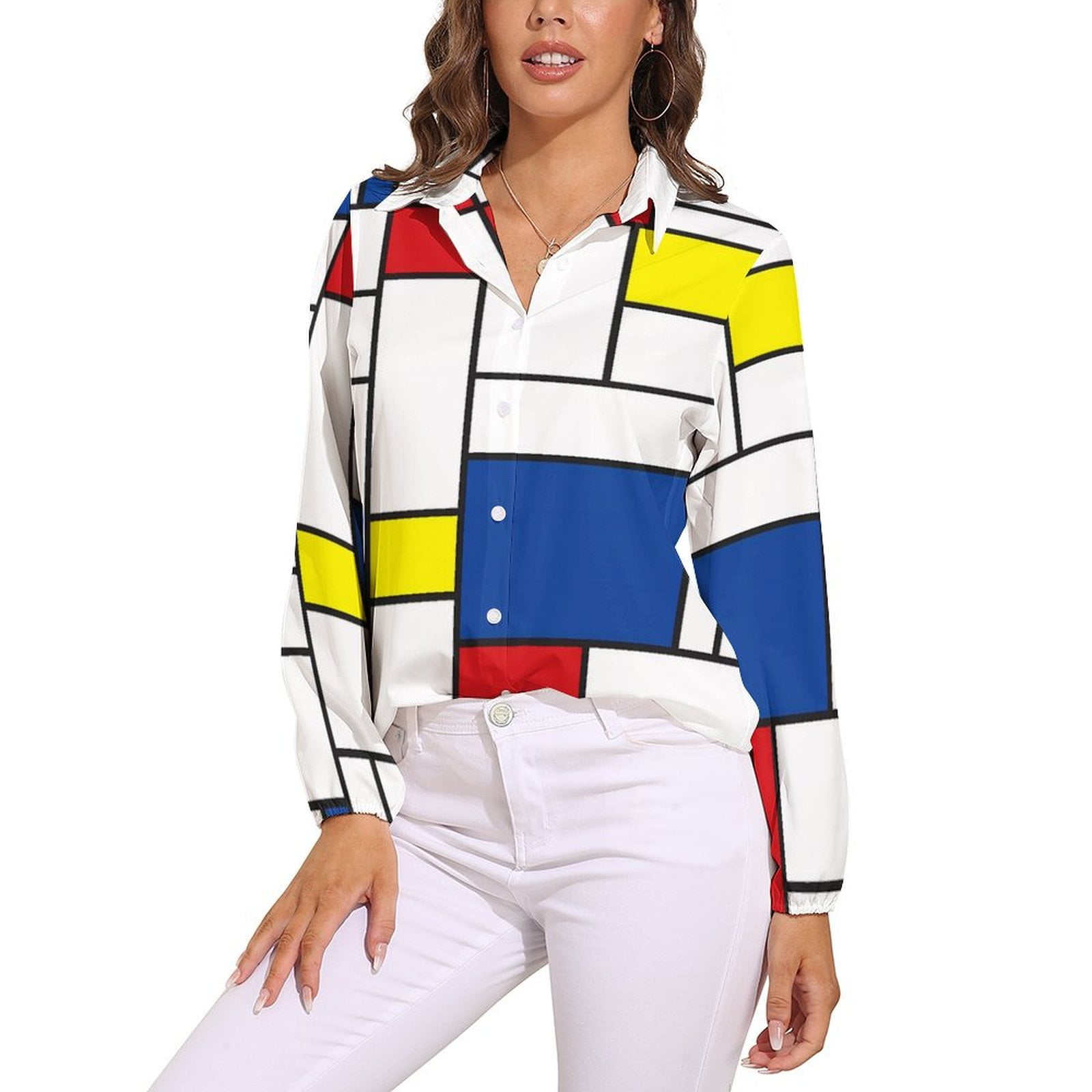 Vintage Geometric Blouse Long Sleeve Gold Lines Print Office Work ...