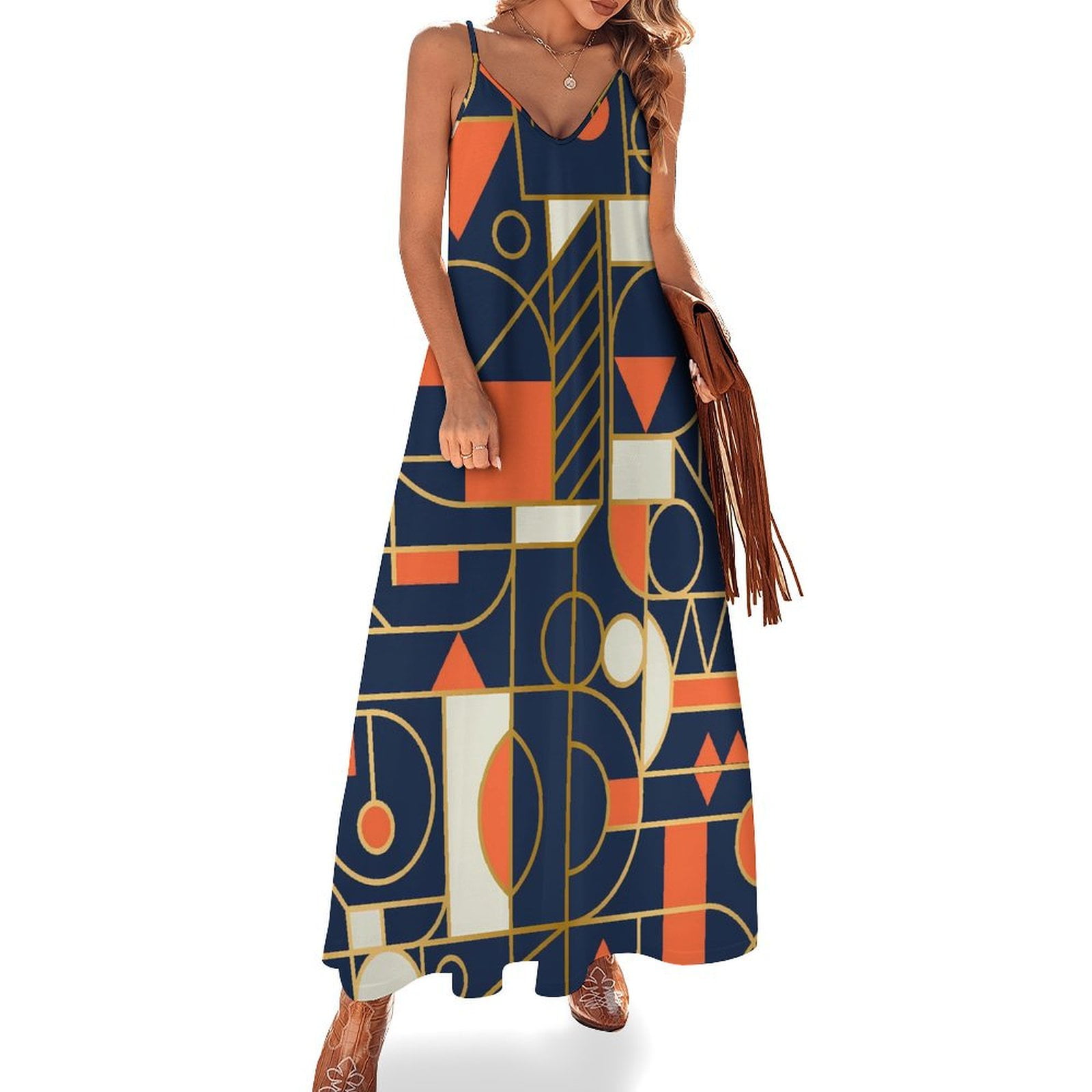 Vintage Geometric Dress Memphis Style 80s Trendy Maxi Dress V Neck Boho ...