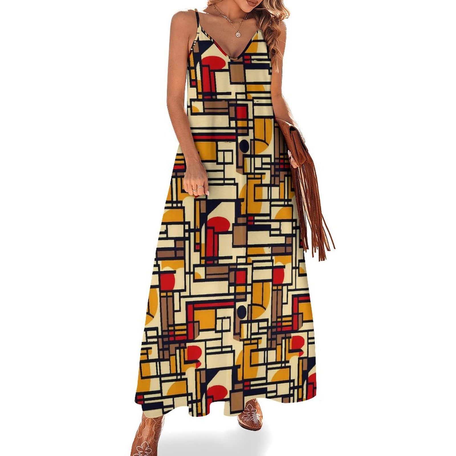 Vintage Geometric Dress Memphis Style 80s Trendy Maxi Dress V Neck Boho ...