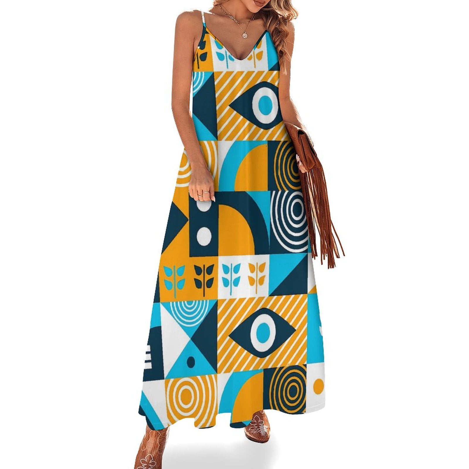 Vintage Geometric Dress Memphis Style 80s Trendy Maxi Dress V Neck Boho ...
