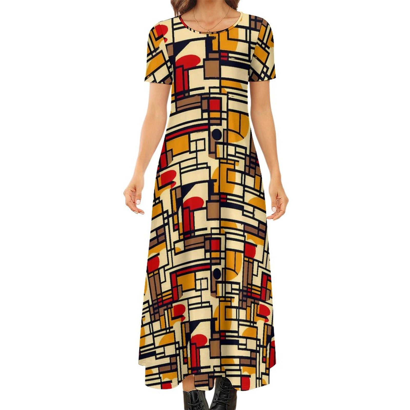 Vintage Geometric Dress Mondrian Style Elegant Maxi Dress Short Sleeve ...