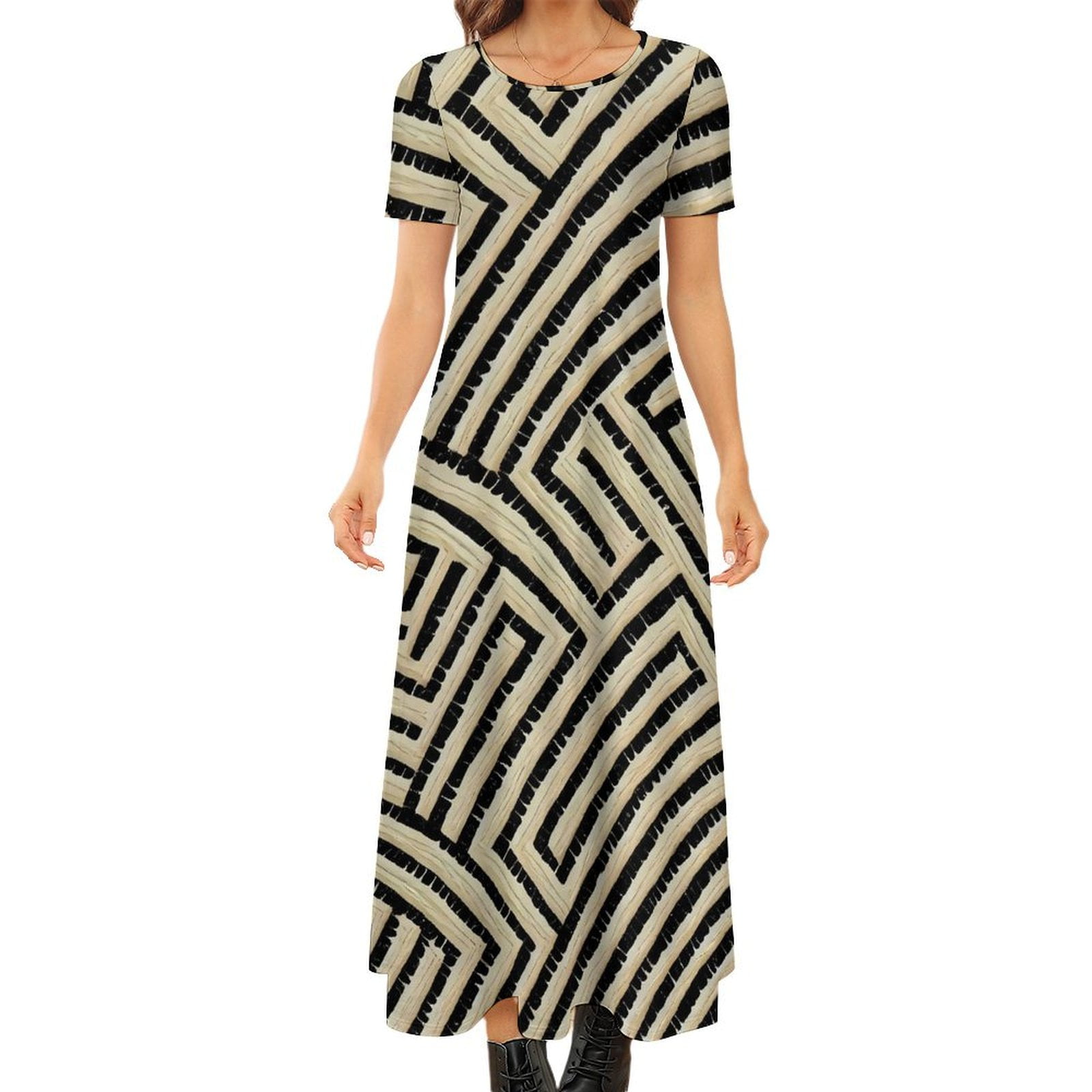 Vintage Geometric Dress Mondrian Style Elegant Maxi Dress Short Sleeve ...
