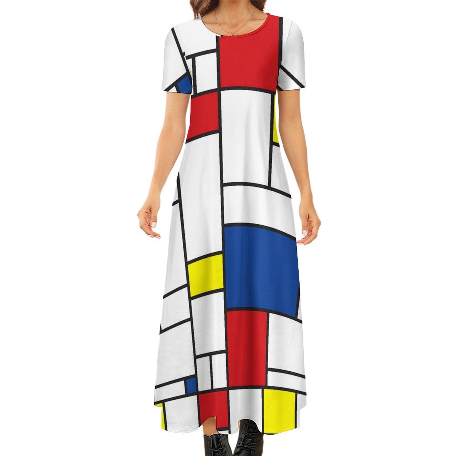 Vintage Geometric Dress Mondrian Style Elegant Maxi Dress Short Sleeve ...