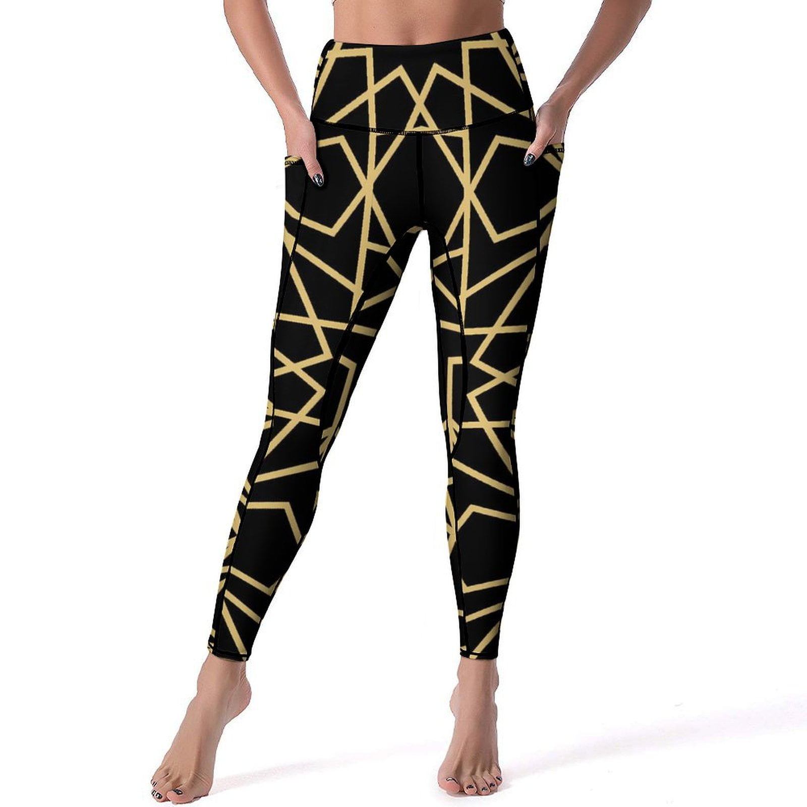 Vintage Geometric Leggings Sexy Gold Lines Print High Waist Yoga Pants Retro Stretchy Leggins ...