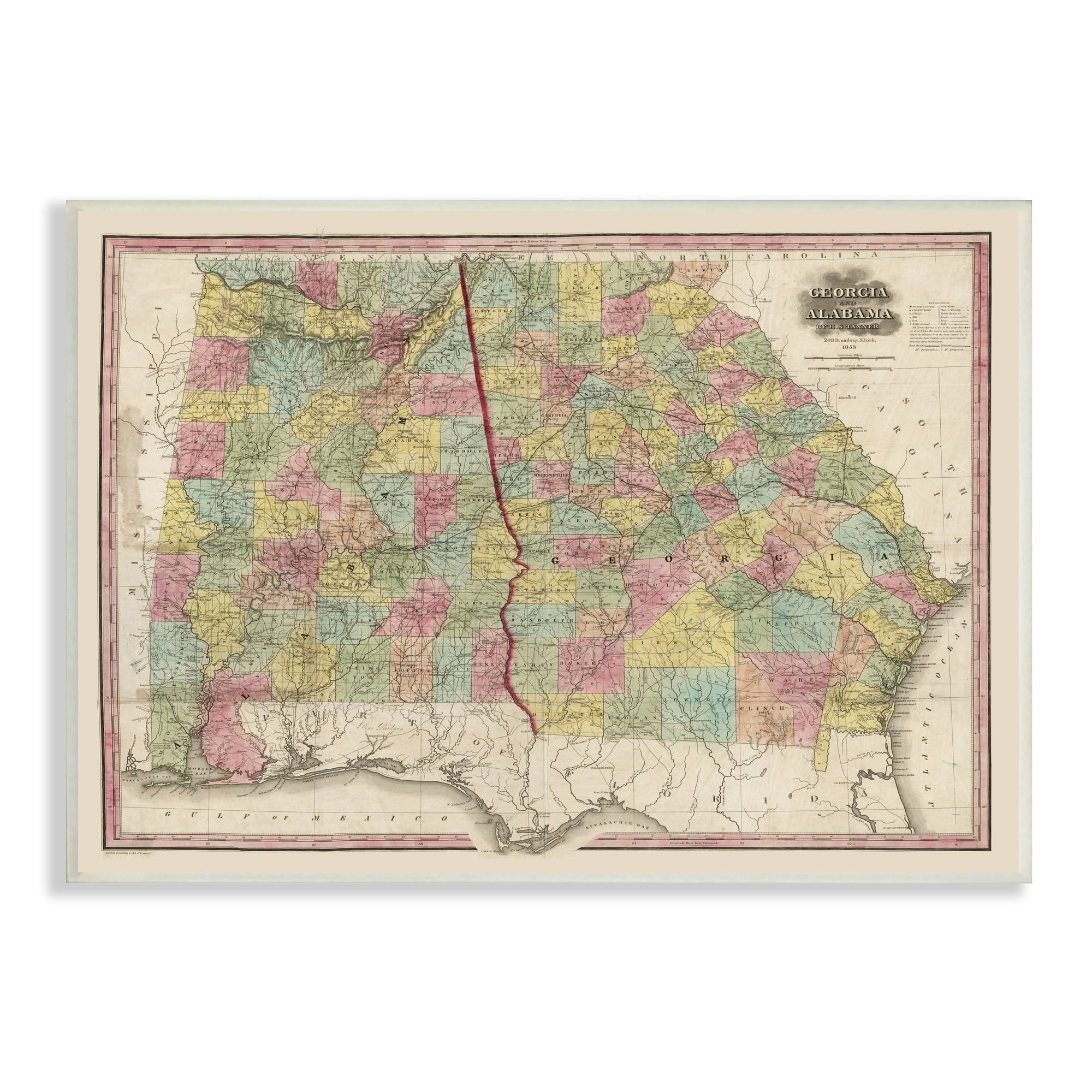 Vintage Georgia Alabama State Map Regional Borders 1853 15 in x 10 in ...