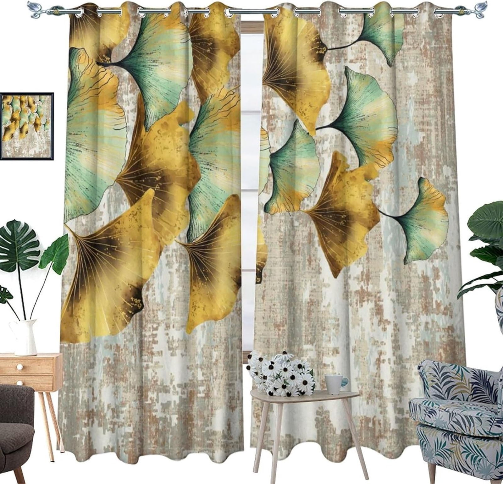 Vintage Ginkgo Biloba Blackout Curtain Abstract Tropical Gold Ginkgo ...