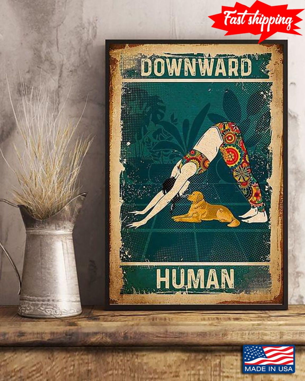 Vintage Girl Doing Downward-facing Dog Pose And Her Dog Downward Human ...