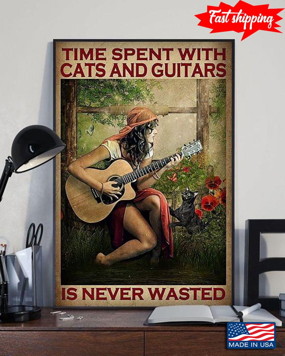 Vintage Girl Playing Guitar & Her Black Cat Standing Next To Her Time ...