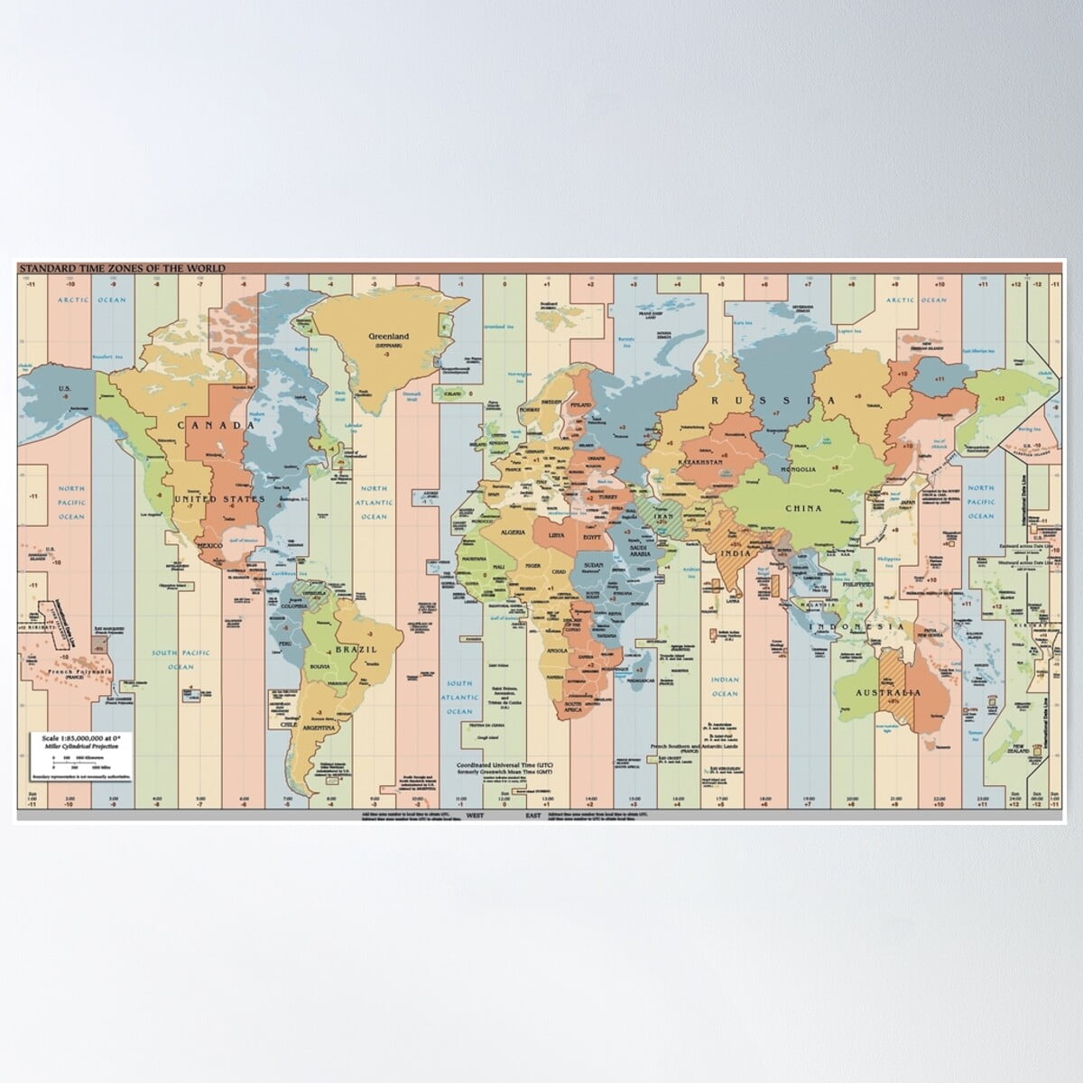 Vintage Globe: Time Zones Of World Map Poster Wall Art, Modern Wall ...