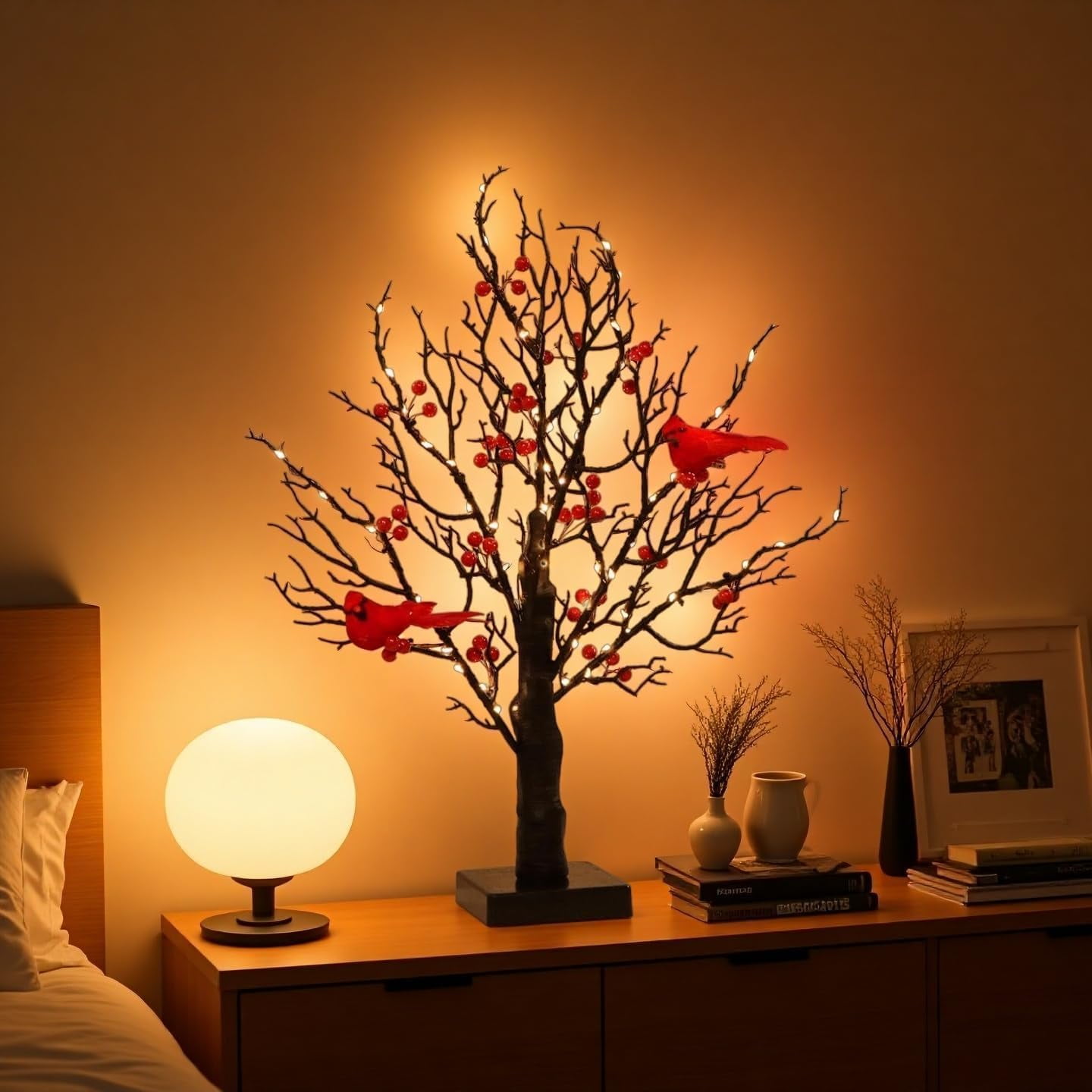 Vintage Glowing Cardinal Tree with Berries, Vintage Glowing Tree with ...