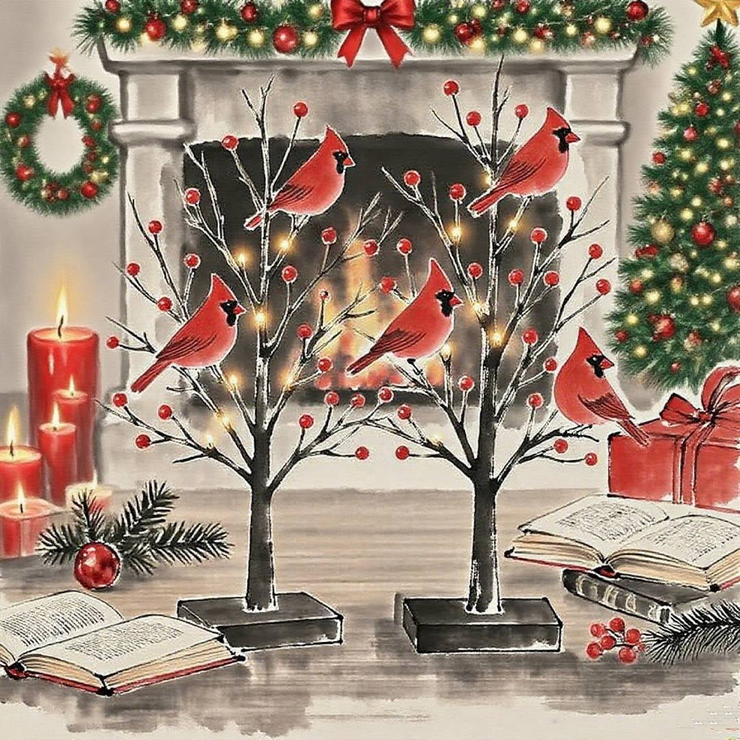 Vintage Glowing Tree with Cardinals, LED Lighted Christmas Tree Decor ...