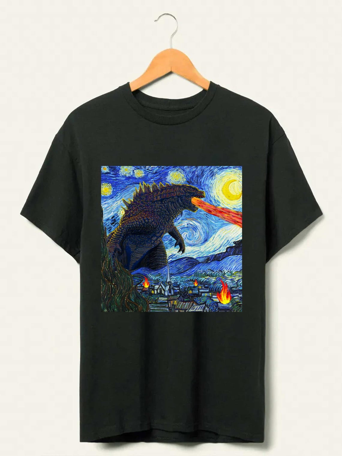Vintage Godzilla Starry Night T-Shirt, Godzilla Van Gogh Starry Night ...