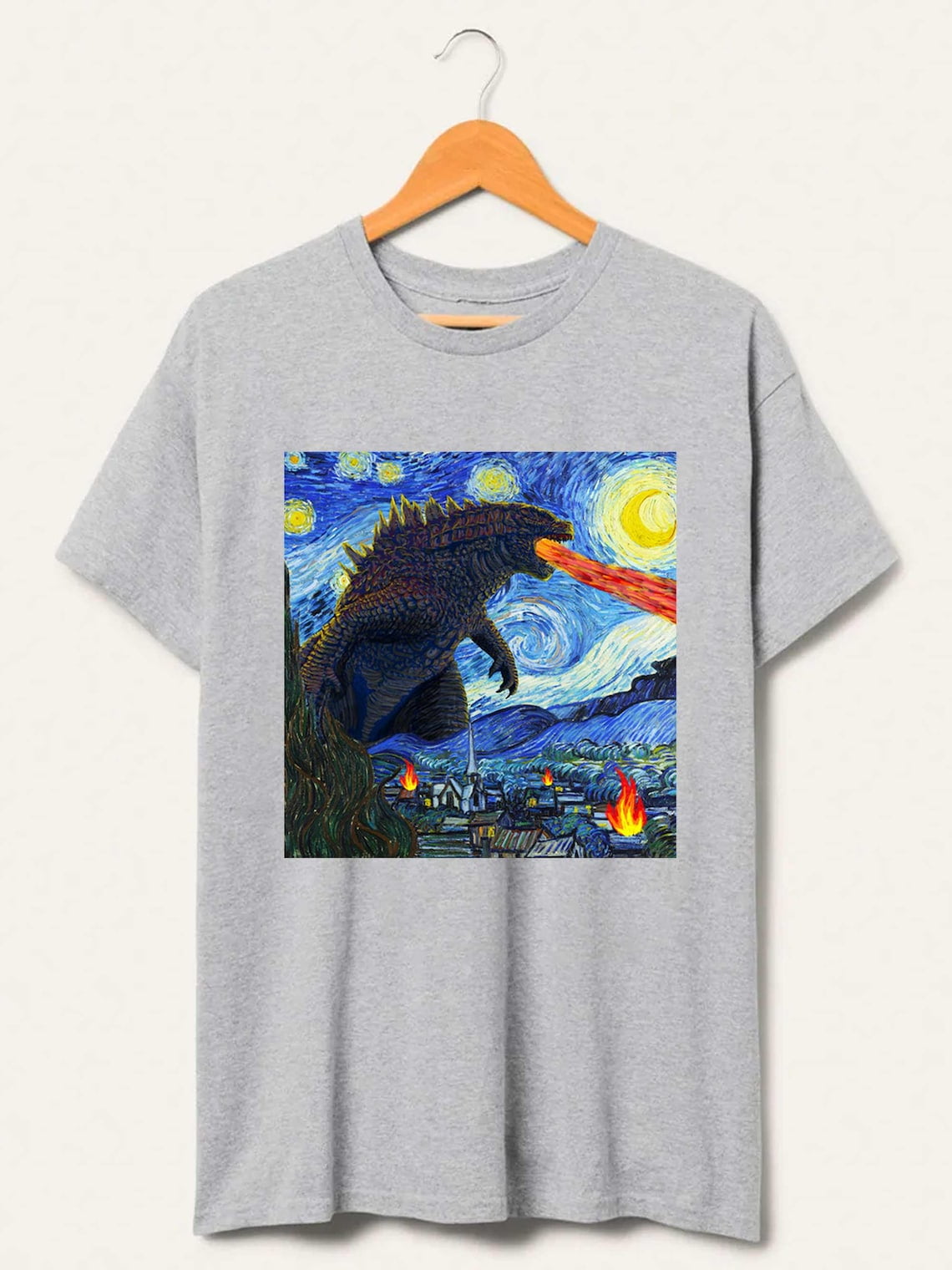 Vintage Godzilla Starry Night T-Shirt, Godzilla Van Gogh Starry Night ...