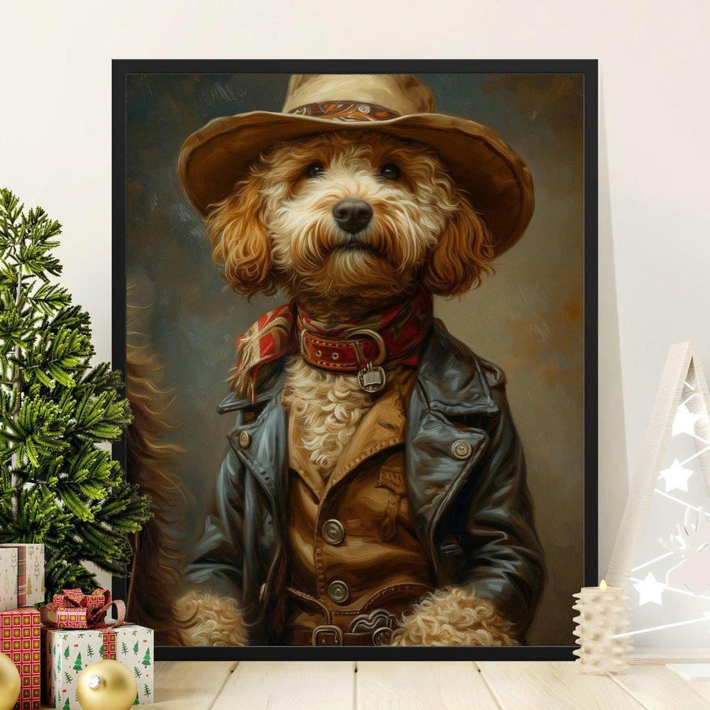 Vintage Golden Doodle Dog Cowboy Poster, Retro Art Dog In Cowboy Outfit ...
