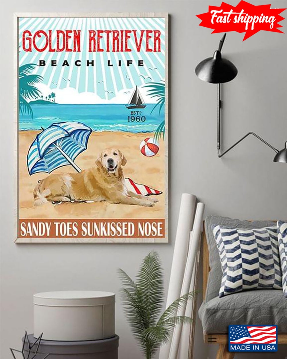 Vintage Golden Retriever Beach Life Sandy Toes Sunkissed Nose 16 x 24 ...