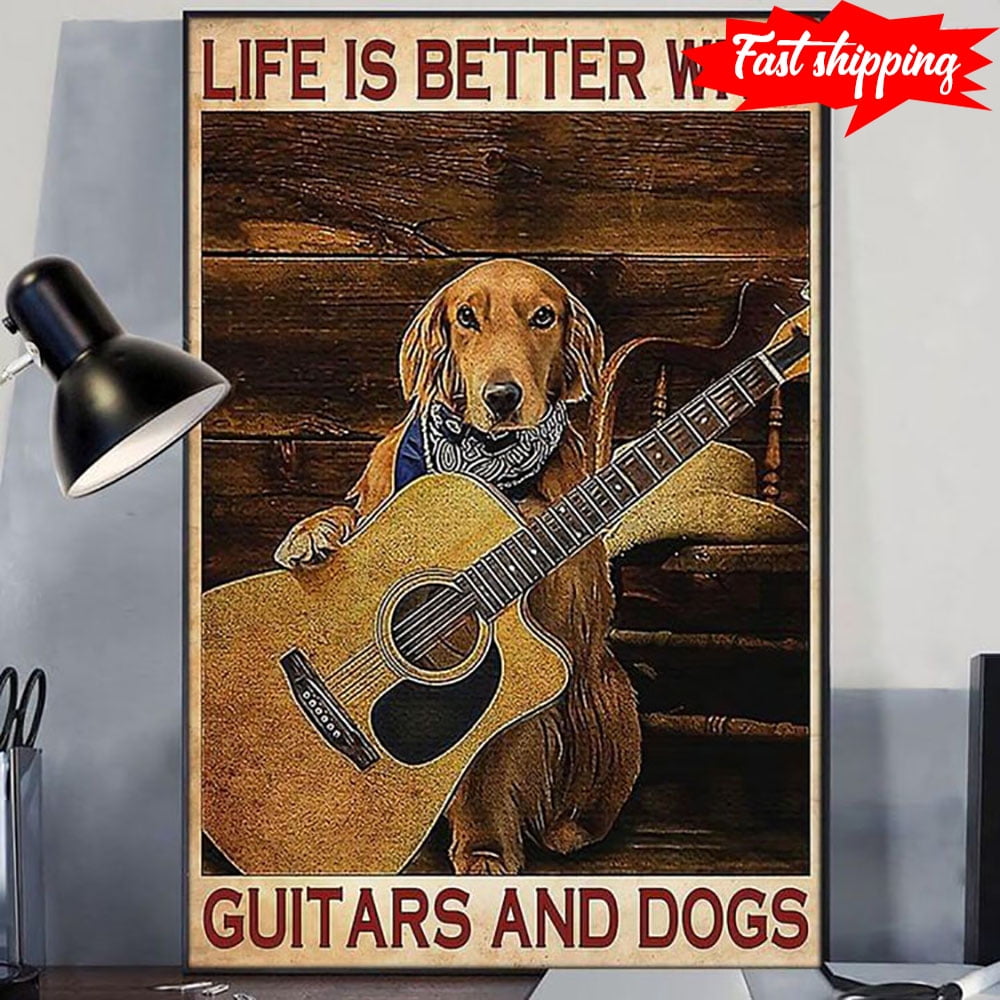 Vintage Golden Retriever Dog With Guitar Life Is Better With Guitars ...
