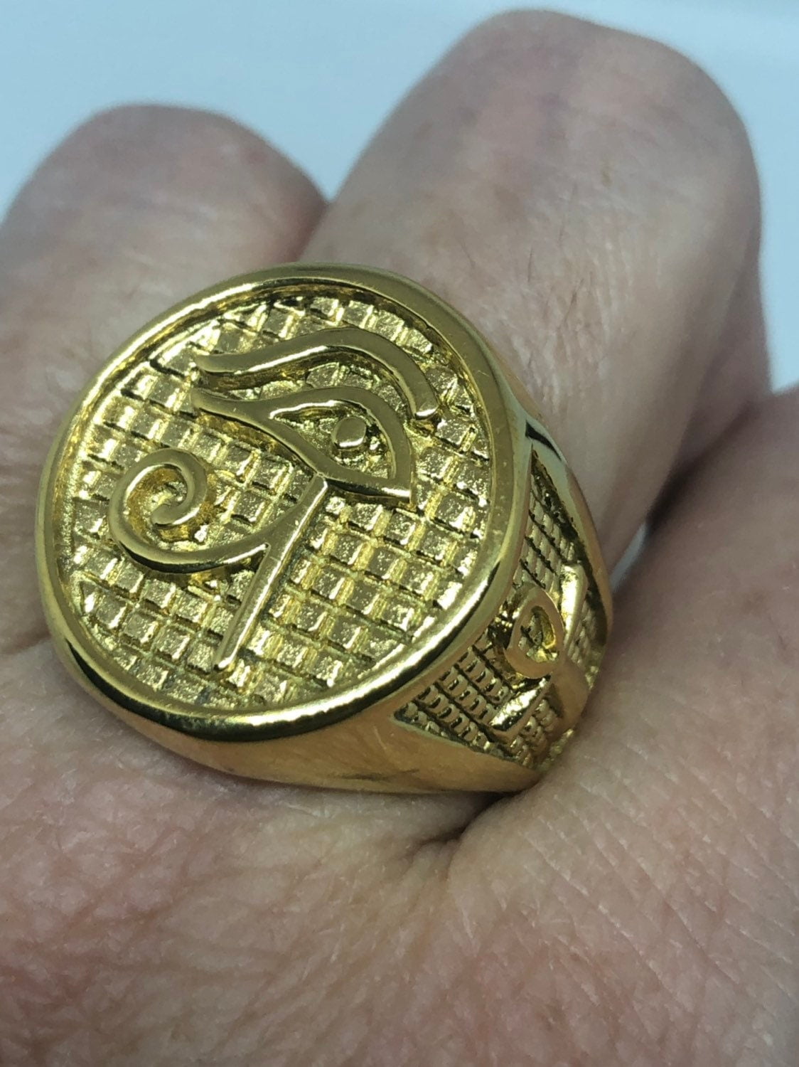 Vintage Golden Stainless Steel Egyptian Ankh Horus Eye Mens Ring ...