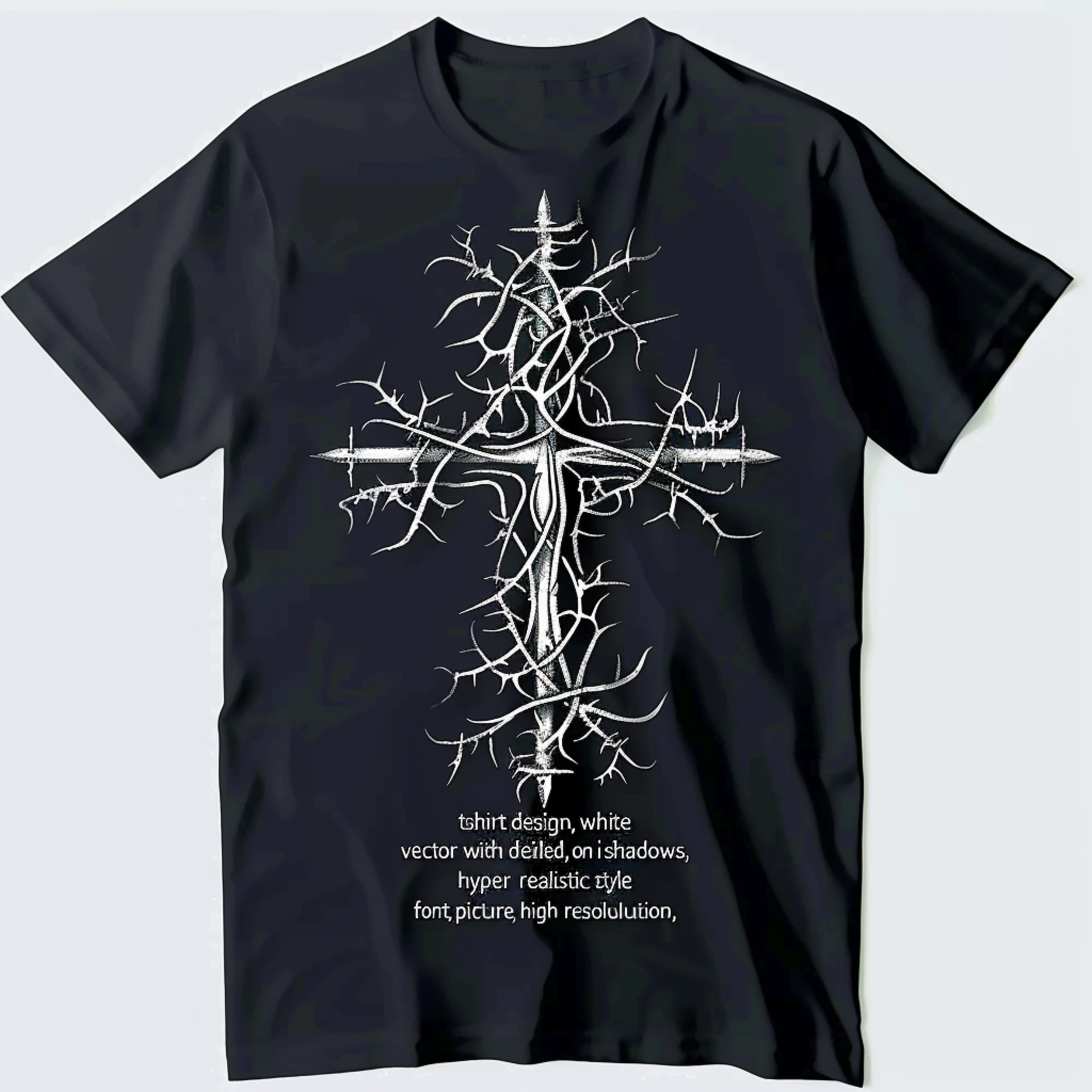 Vintage Gothic Cross & Thorns Design on Black Tee Ultra Detailed Vector ...