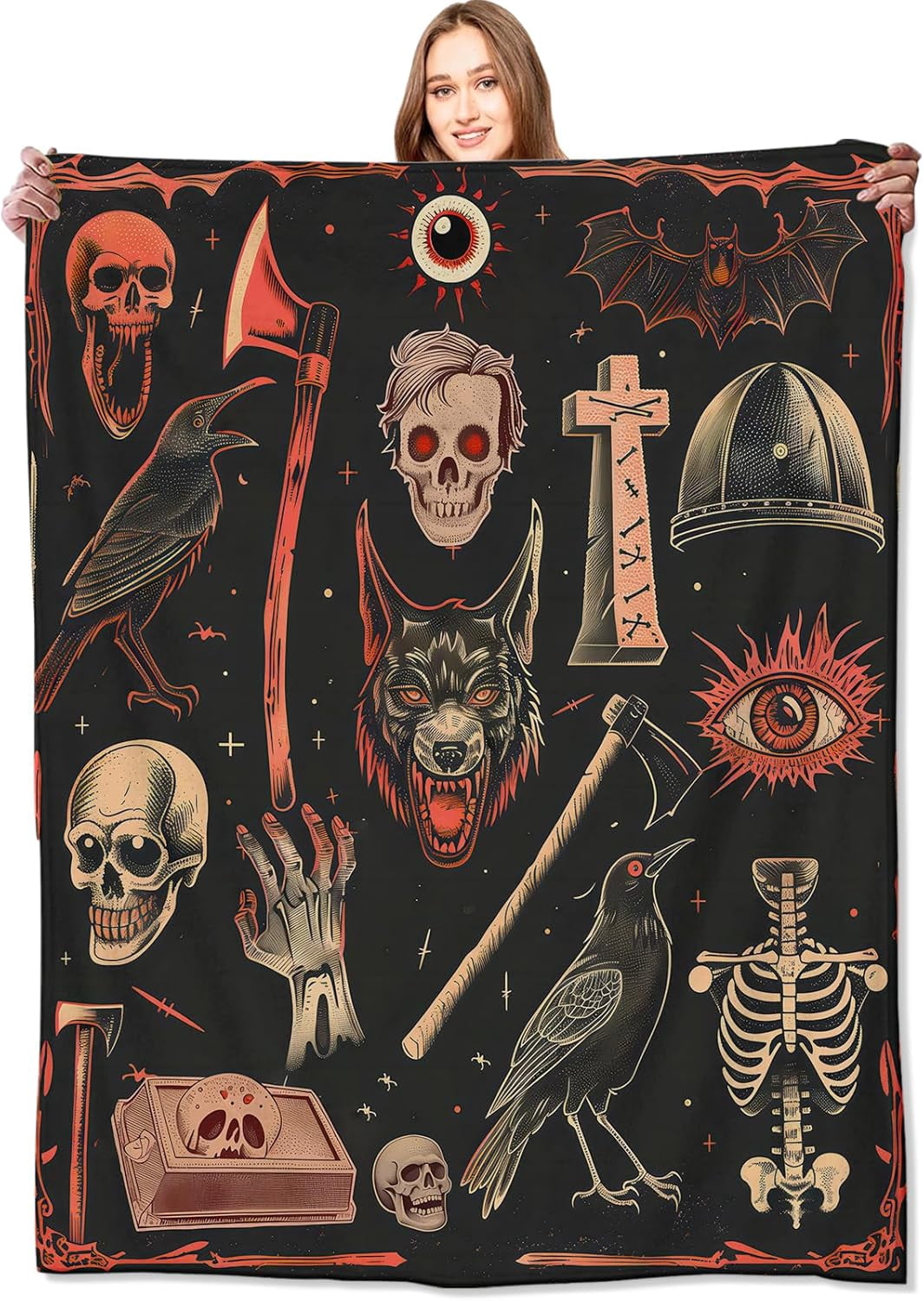 Vintage Gothic Horror Blanket,Creepy Goth Skeleton Skulls Bats Fun ...