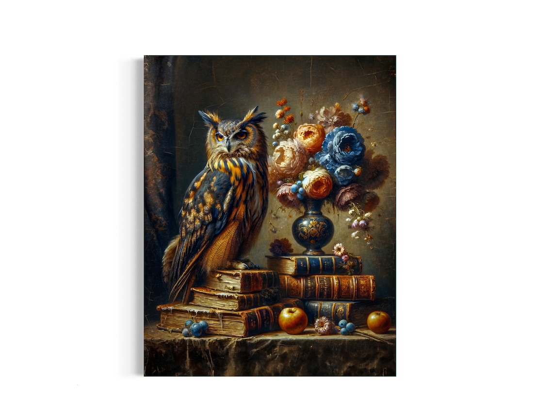 Vintage Gothic Owl, Vanitas Owl Still Life, Blue And Gold Moody Dark ...