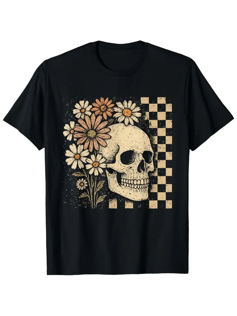 Vintage Gothic Rock T-Shirt - Distressed Skull & Floral graphic Cotton ...
