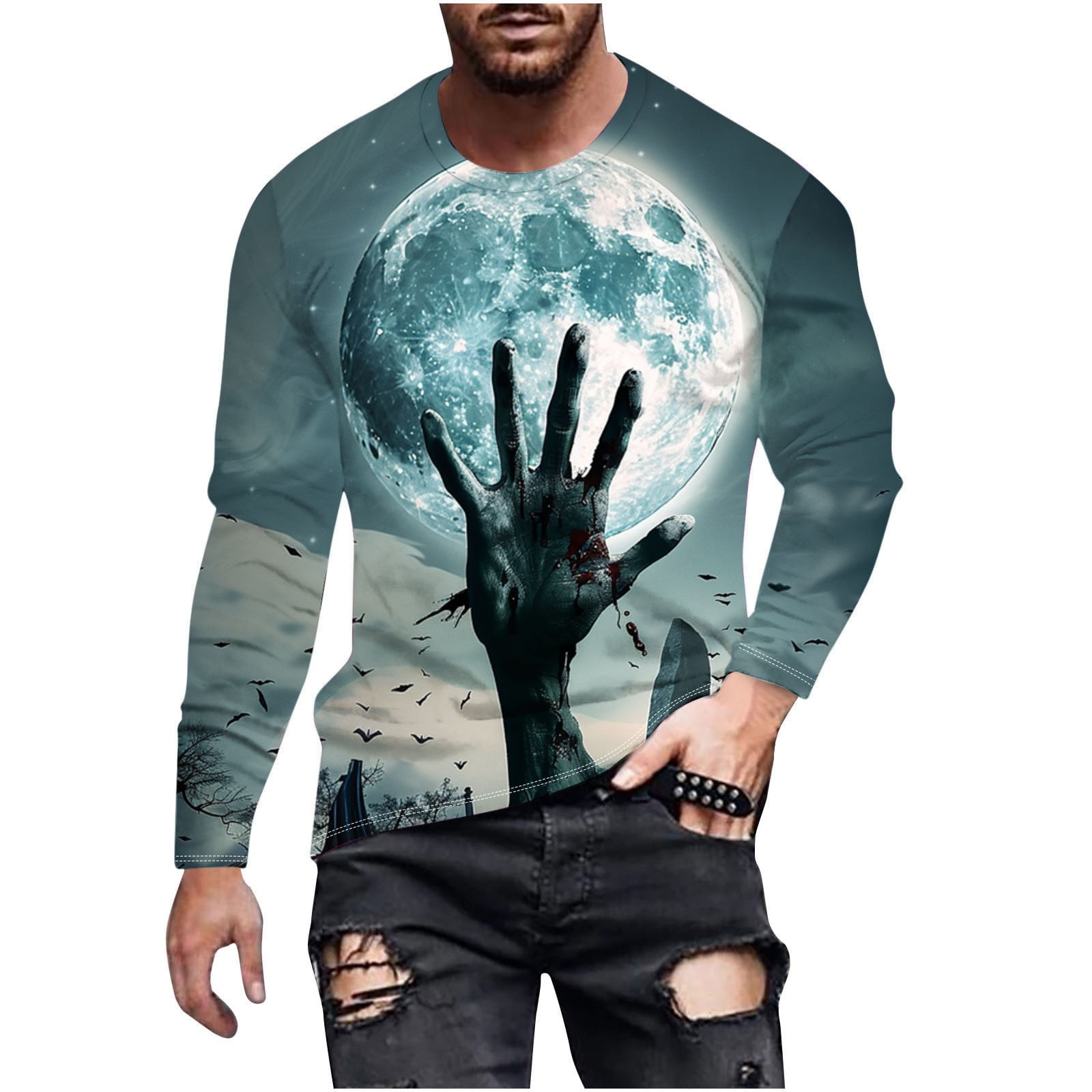 Vintage Gothic Shirts for Men Moon Bat 3D Printed Halloween Shirt Funny ...