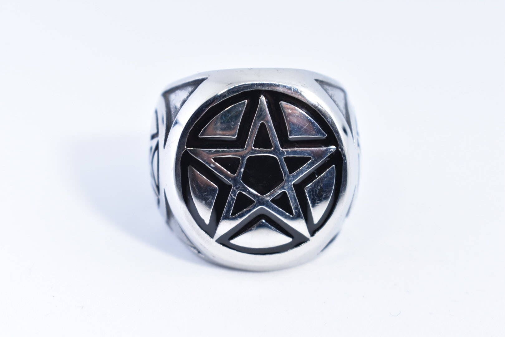 Vintage Gothic Silver Stainless Steel Pentacle Star Mens Ring - Walmart.com