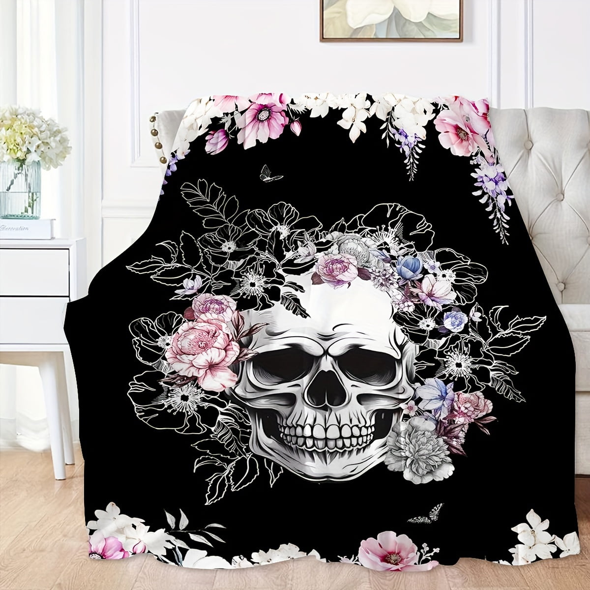 Vintage Gothic Skull Floral Flannel Plush Print Blanket - Soft and ...