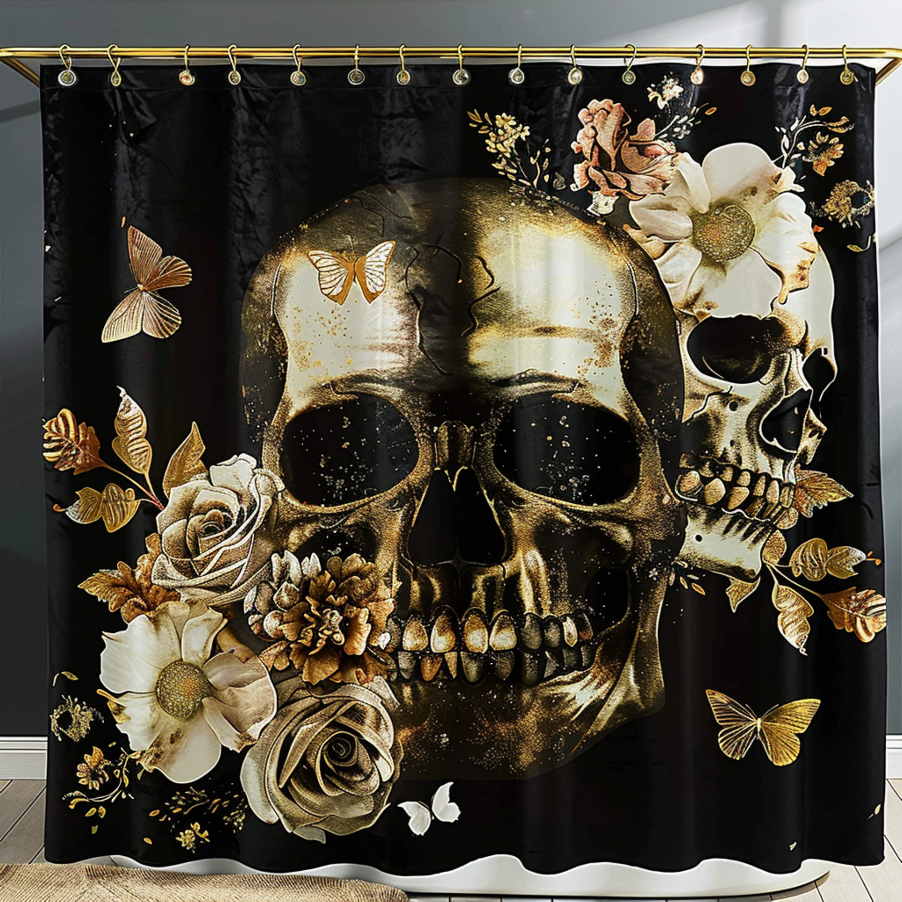 Vintage Gothic Skull and Flower Shower Curtain with Antique Oil ...