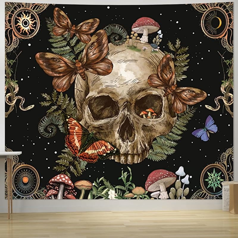 Vintage Gothic Tapestry for Bedroom Aesthetic, Goth Skull Butterfly ...