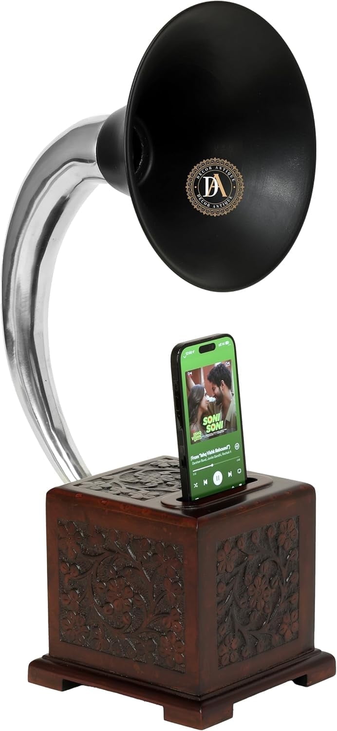 Vintage Gramophone Style Phone Speaker Stand, Decorative Wooden Base ...