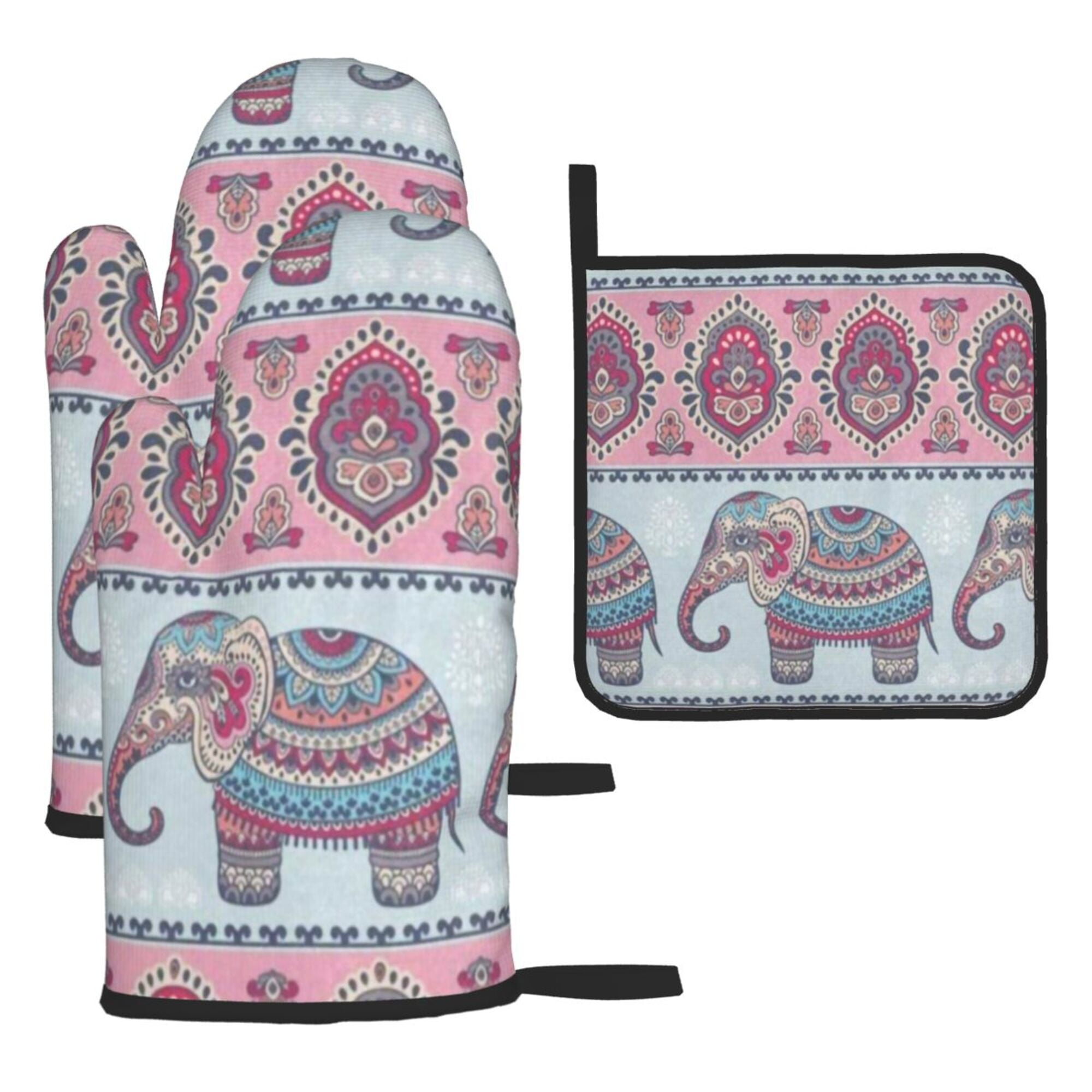 Vintage Graphic Indian Elephant Mandala Oven Gloves, Pot Clamp Set, Non ...